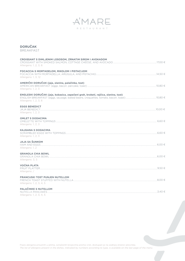 Menu - Hotel & Restaurant A'mare Zadar